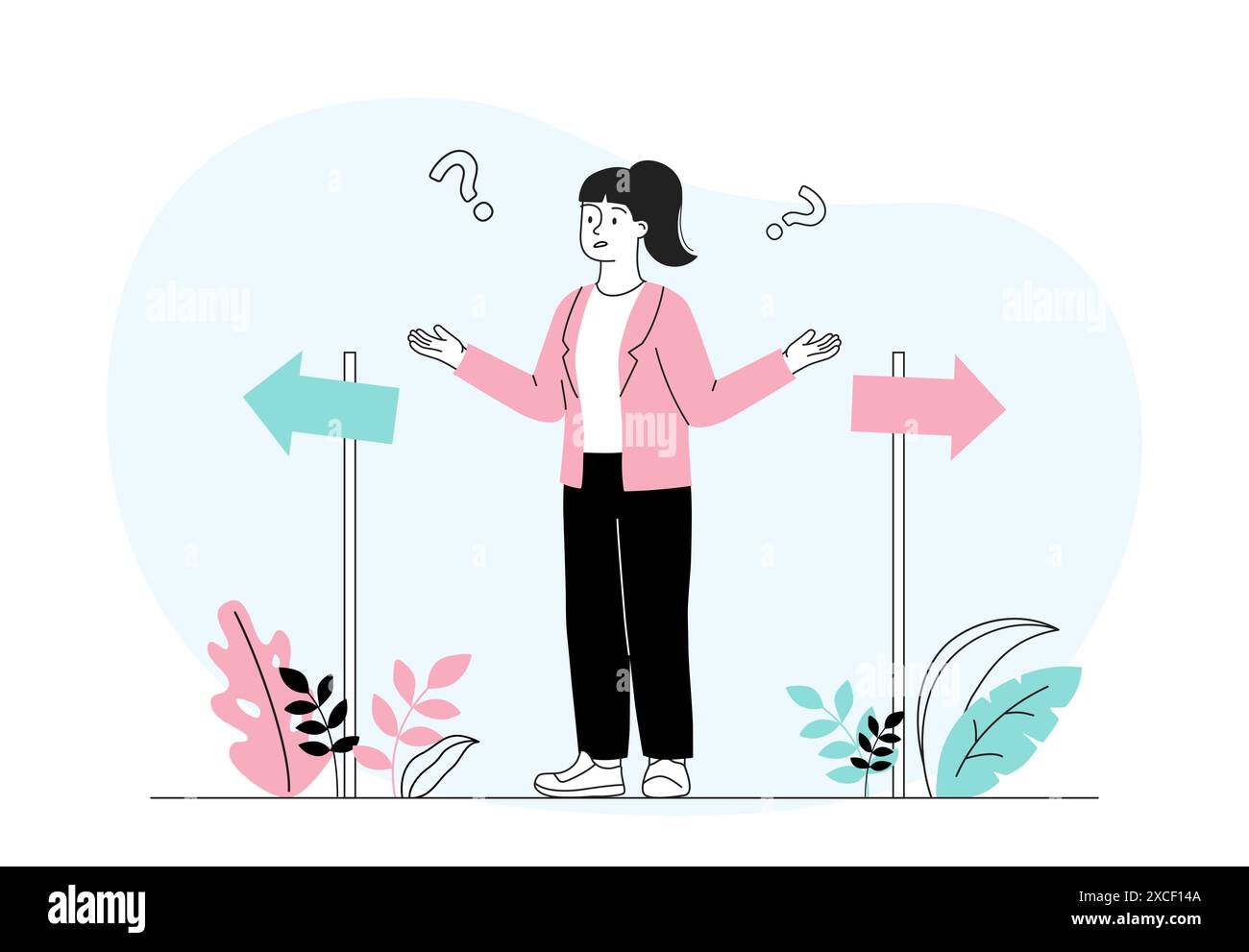 Woman choose path. Young girl stands near road signs. Metaphor of ...