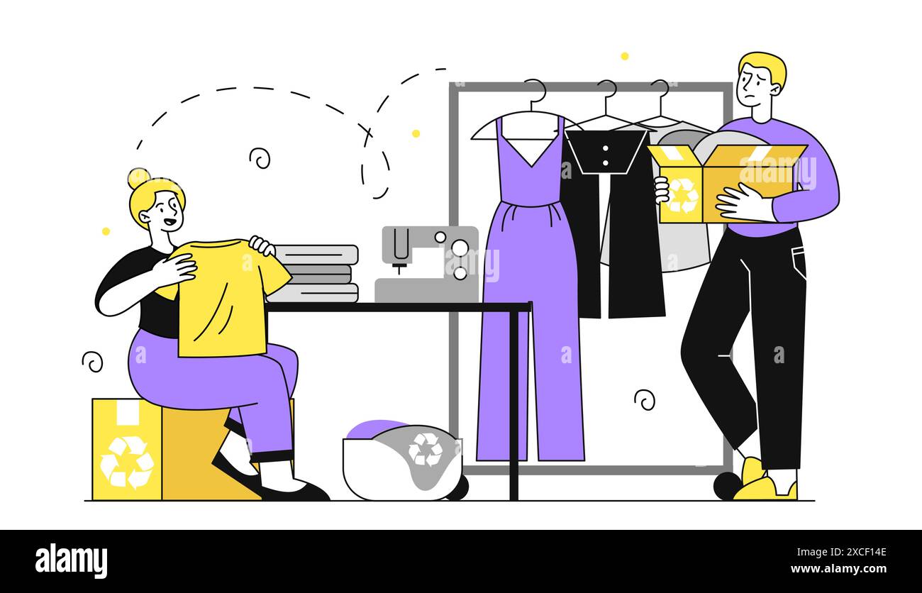 Clothing recycling concept. Man and woman with clothes made from ...