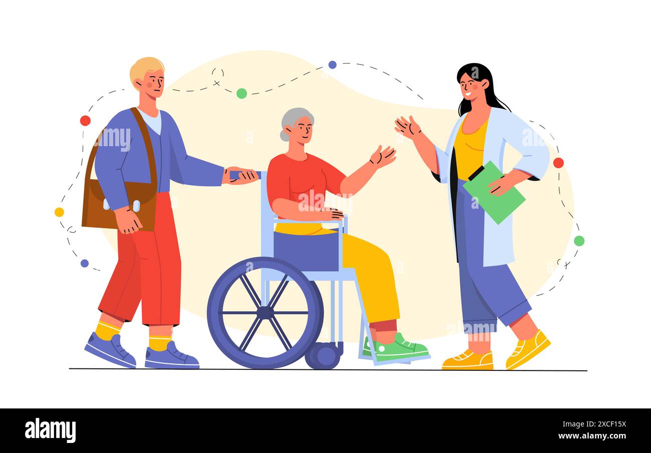 Doctor with patient at wheelchair. Woman in medical uniform helps old ...