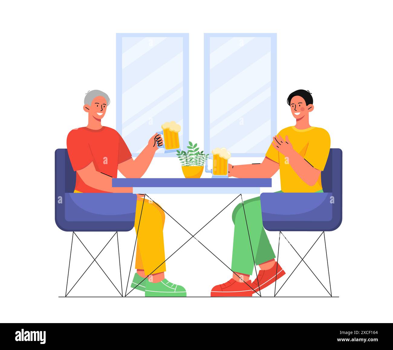 Friends drink beer. Two men sit at table with alcoholic beverages in ...