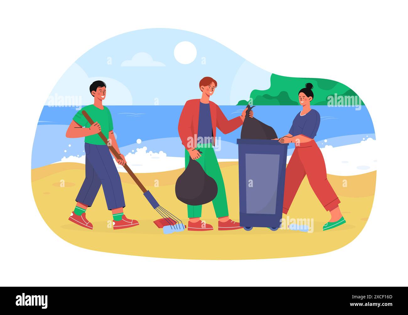 People cleans beach. Men with rakes and bag collect plastic bottles ...