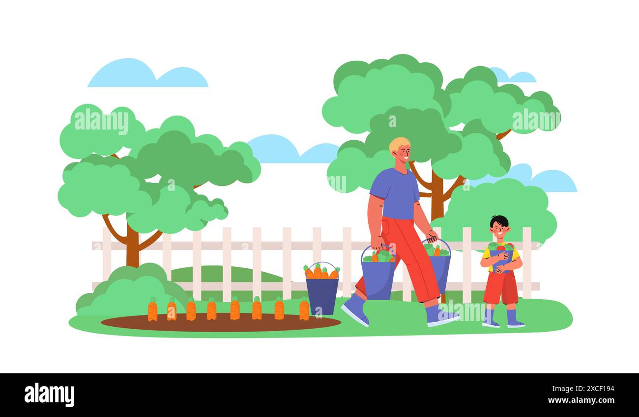 Family with harvest. Man and child carry buckets of fruits and ...