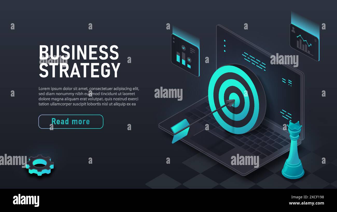 Business strategy poster. Chess pieces near laptop. Planning and goal ...