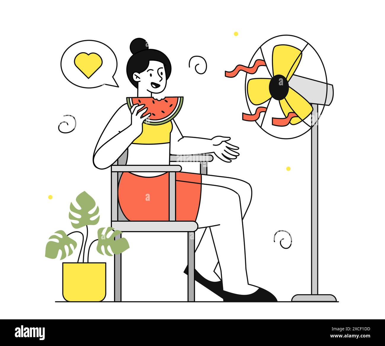 Woman in hot summer. Young girl sits with piece of watermelon in front ...