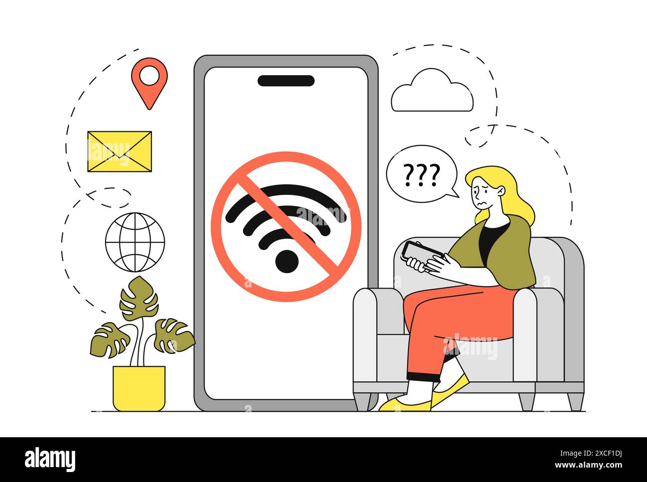 No wifi signal concept. Sad woman sitting near smartphone with poor ...
