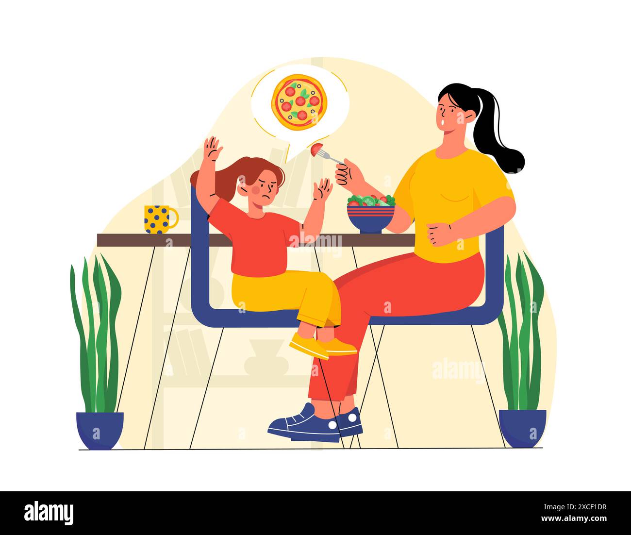 Daughter refuses to eat. Mother gives her daughter salad. Naughty baby ...