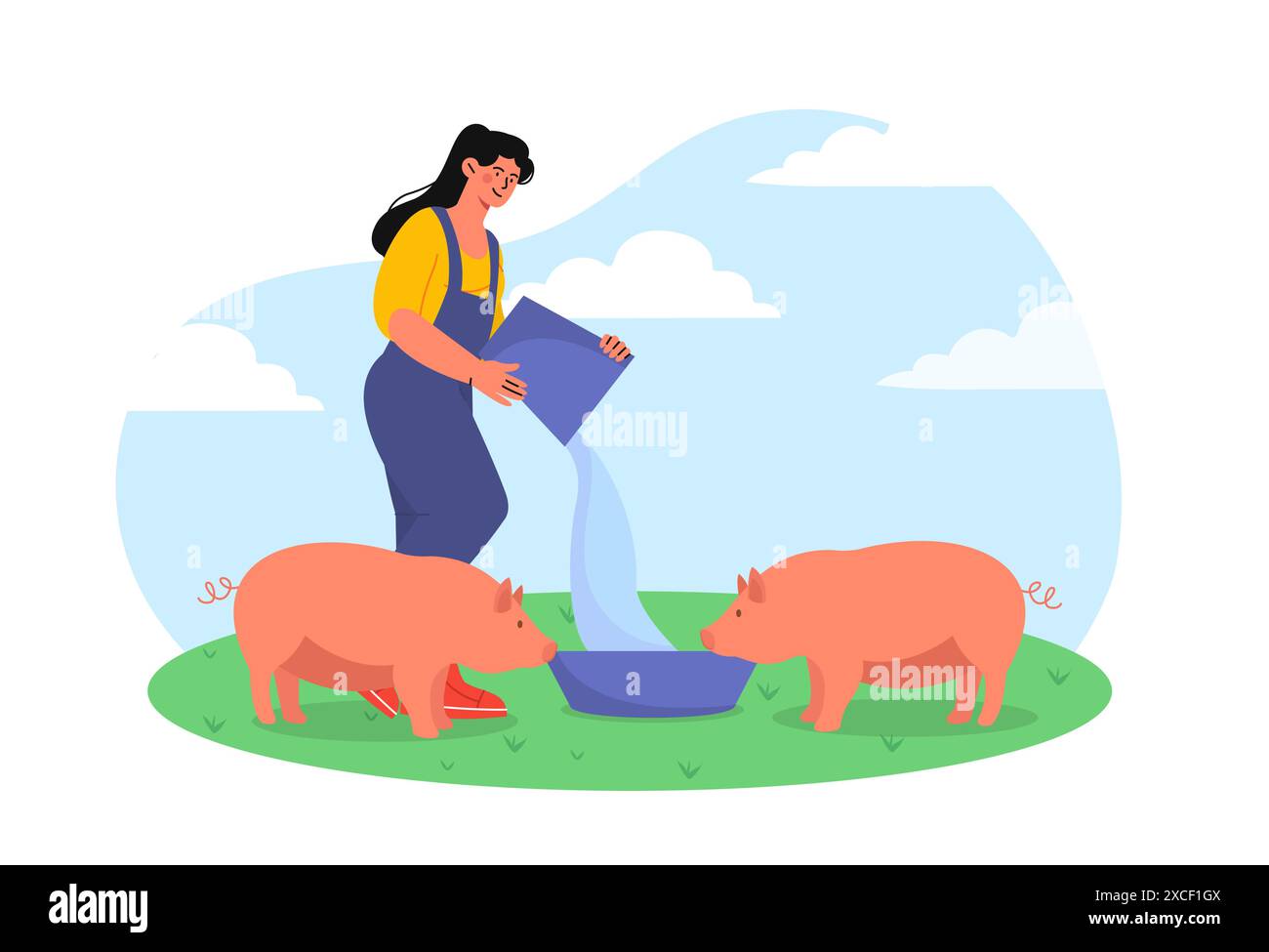 Woman feed pigs. Young girl in uniform gives water and food to pets ...