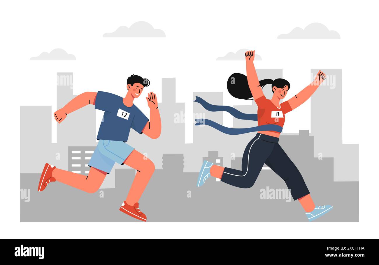 Runners race concept. Man and woman run toward finish line. Athletes ...