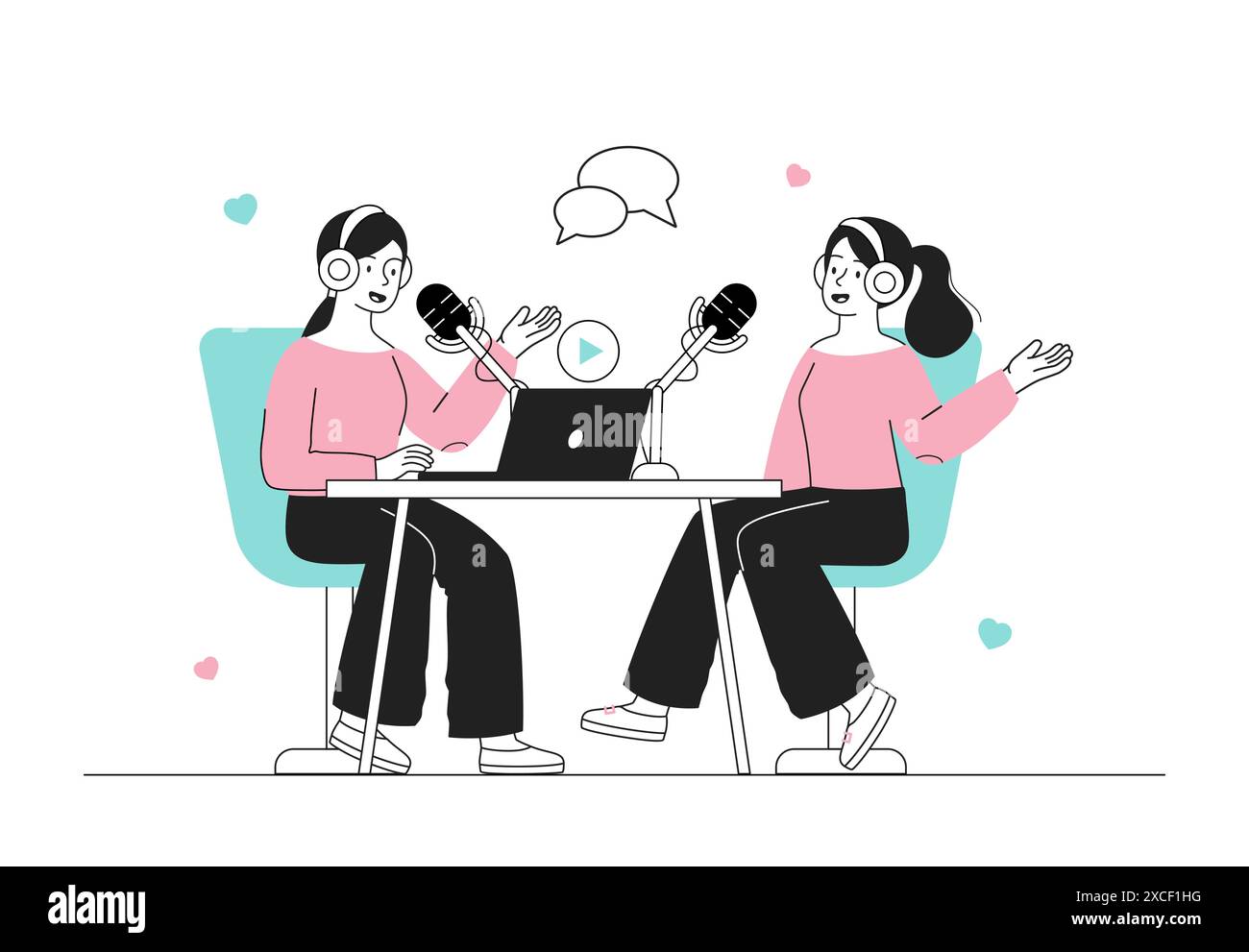 Radio interview concept. Women sit with microphones in front of laptop ...