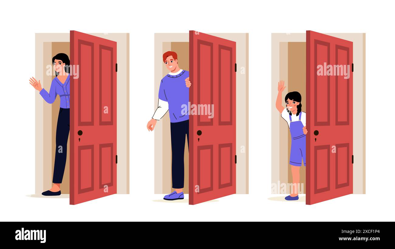 People opening doors set. Man, woman and girl open doors. People come ...