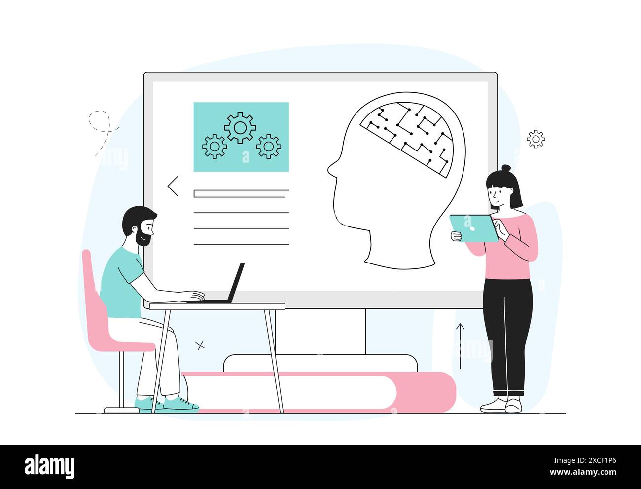 Study of intelligence. Man and woman study human brain. Anatomical ...