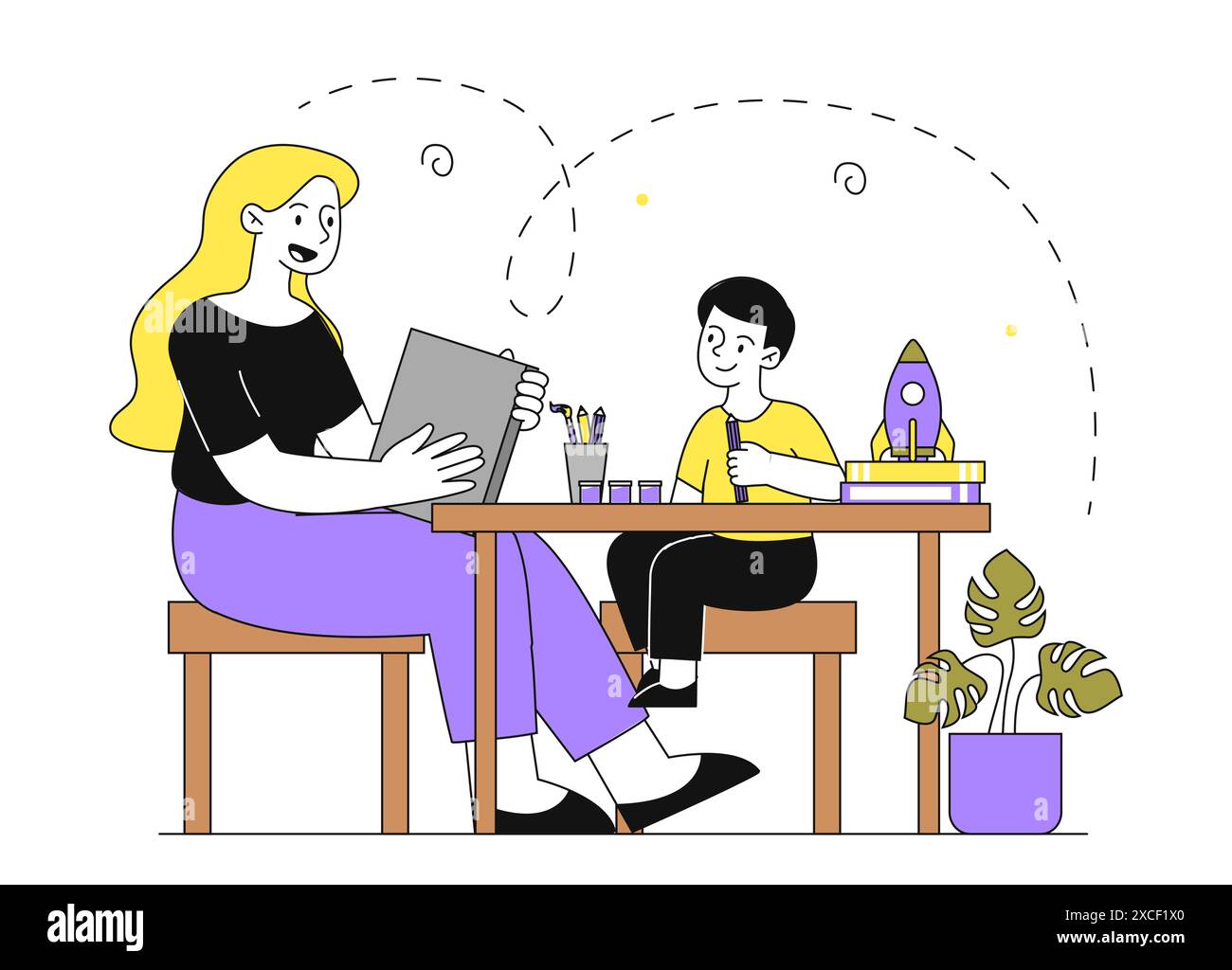 Mother teach son. Woman with boy does homework and does homework ...