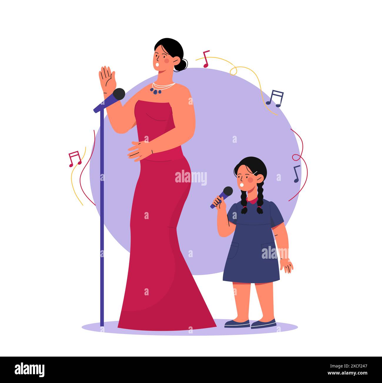 Singers performs concept. Woman in red dress and girl perform on stage ...