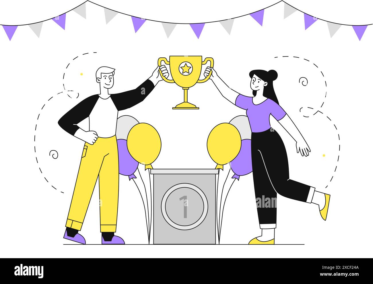 Winners with cup. Man and woman with trophy on pedestal. Successful ...