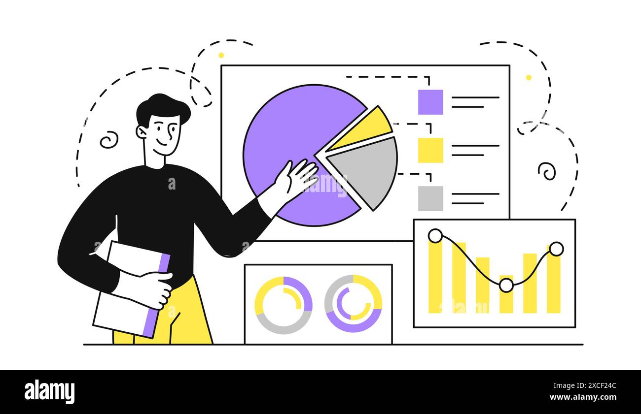 Man with statistics. Young guy near graphs and diagrams. Analyst ...