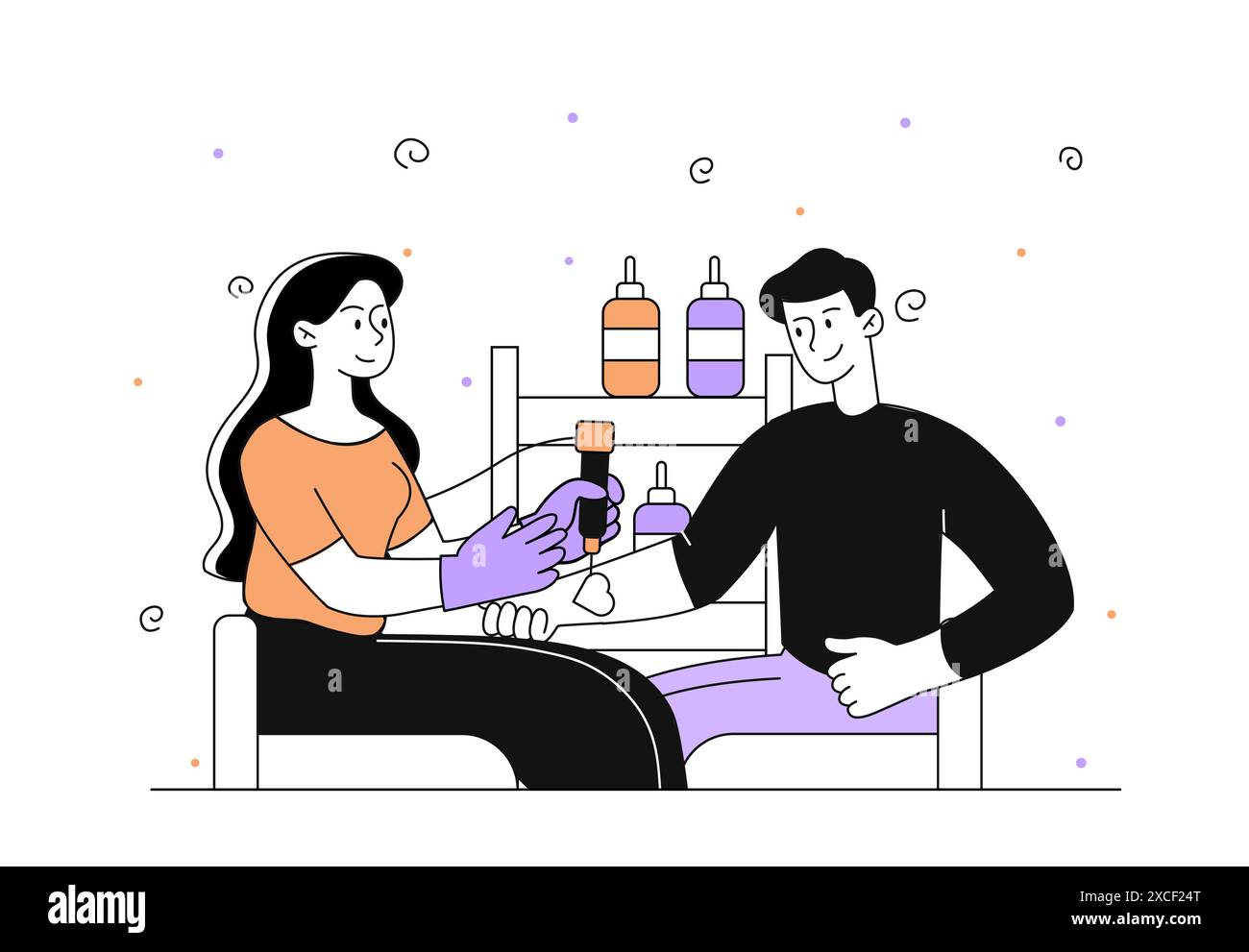 Tattoo master with client. Woman gets tattoo on mans arm. Young guy at ...