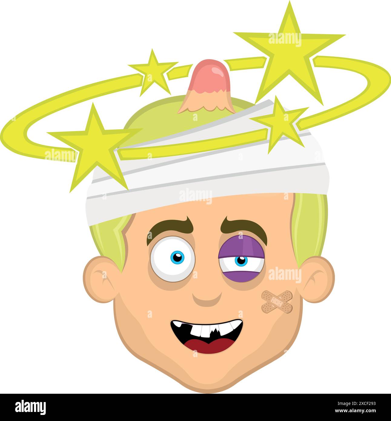 vector illustration face man cartoon blonde and blue eyes, injured with bandages on his head, a ...