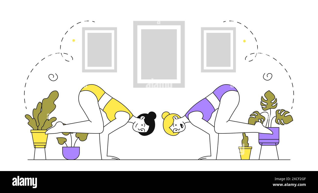 Women with yoga. Young girls train at home together. Active lifestyle ...