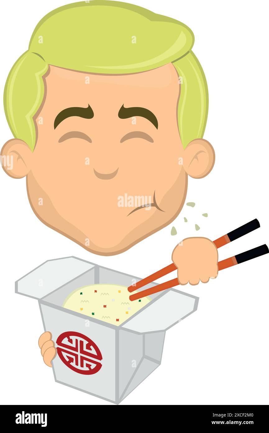 vector illustration face man cartoon blonde, eating chinese food in a ...