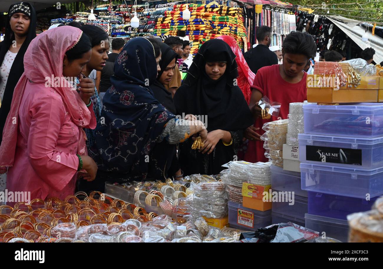NEW DELHI, INDIA - JUNE 16: People shopping at Meena Bazar Market near the Jama Masjid, on the ...