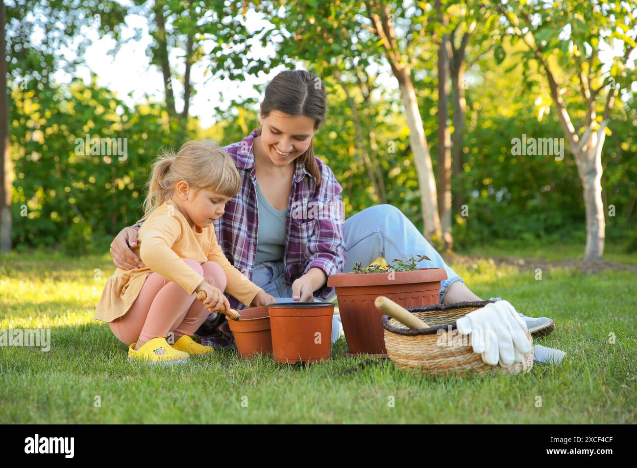 Mother and her daughter planting tree together in garden Stock Photo ...