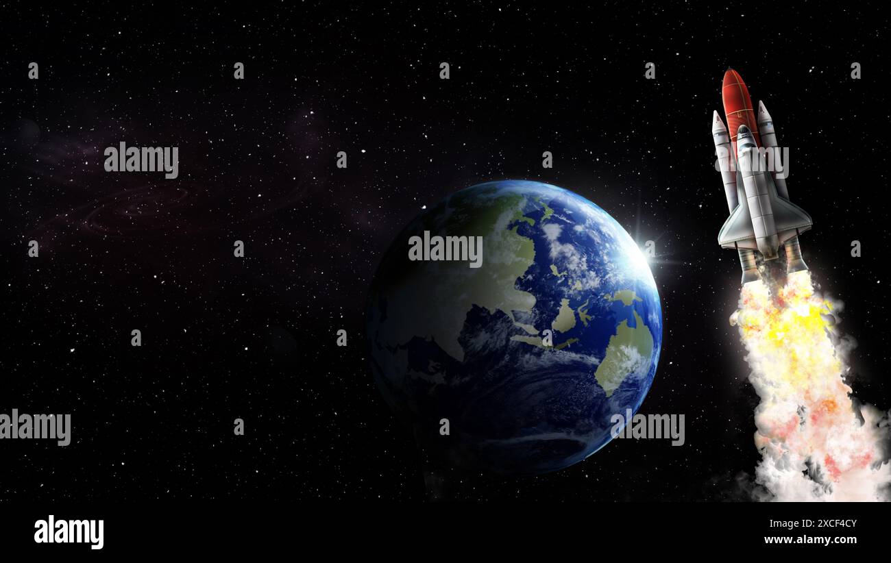 Rocket in space on orbit of planet, banner design Stock Photo - Alamy