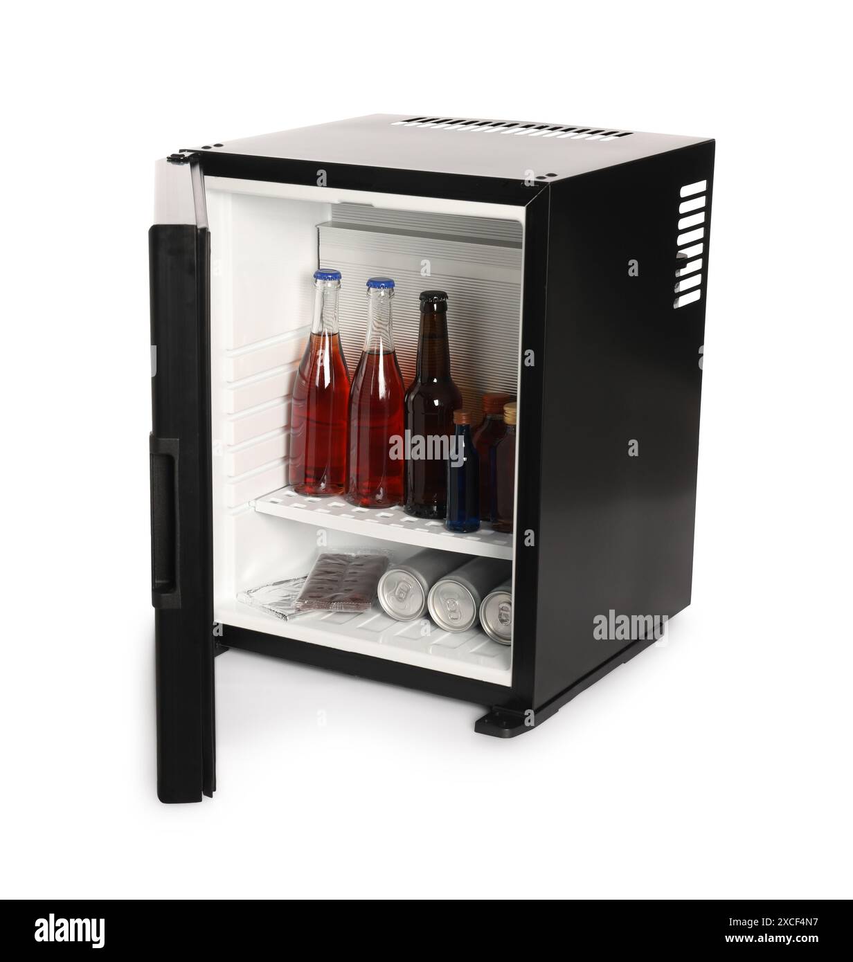 Mini refrigerator with drinks and snacks isolated on white Stock Photo ...