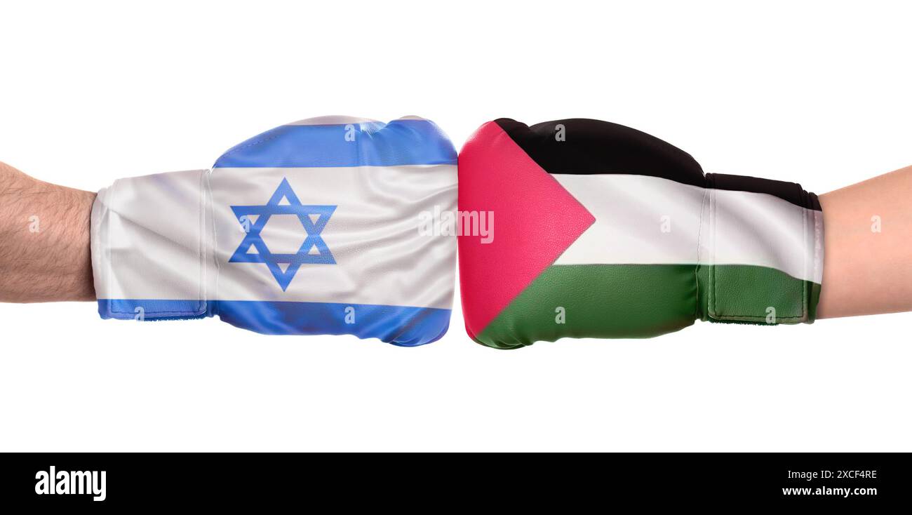 Political conflict. Men in boxing gloves with flags of Israel and ...