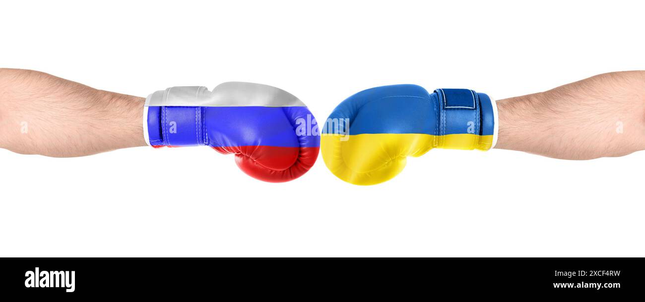 Political conflict. Men in boxing gloves with flags of Russia and ...