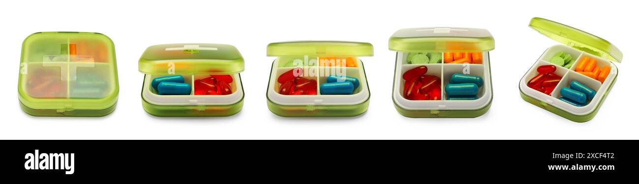 Pill organizer isolated on white, views from different angles Stock ...