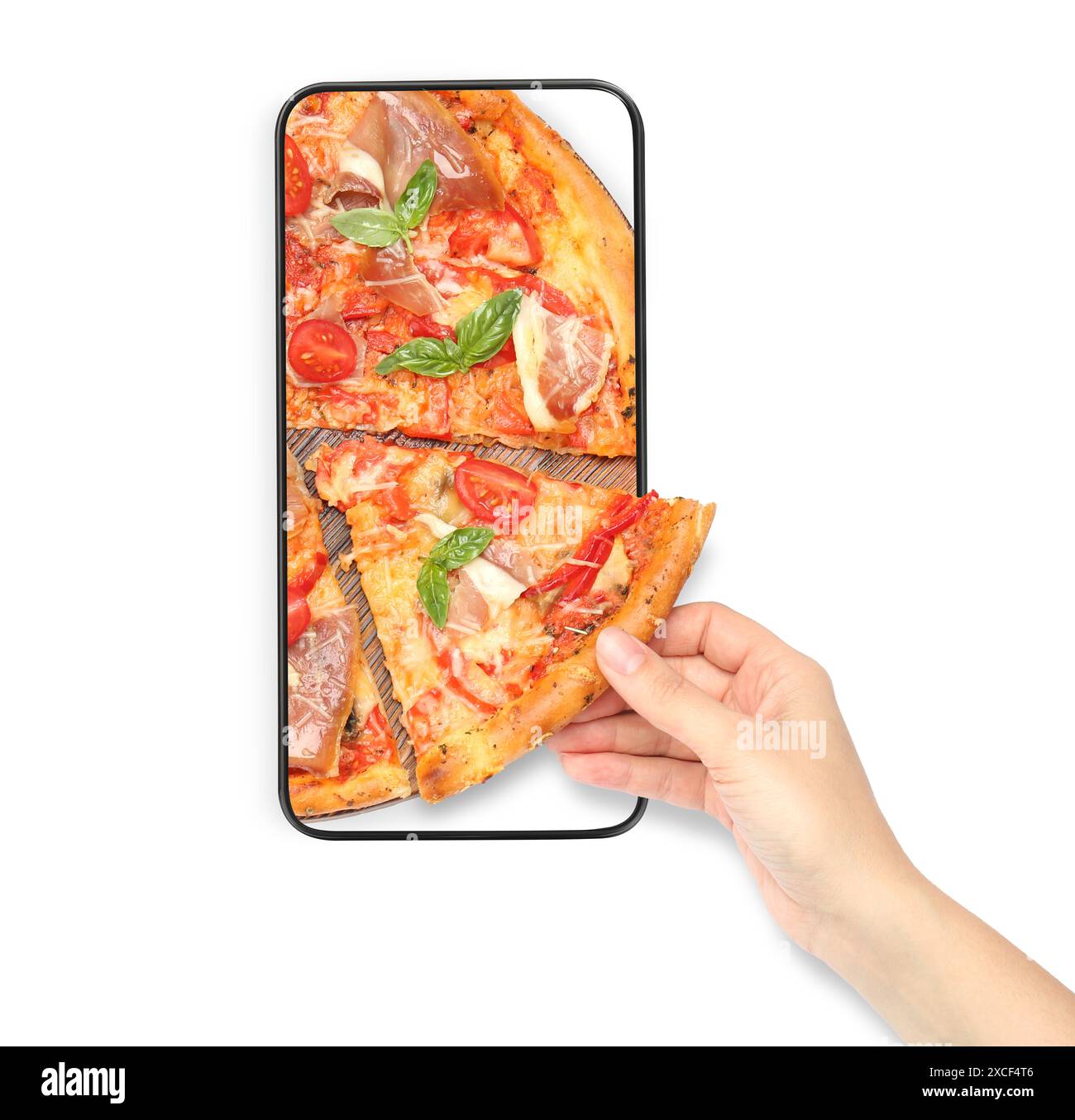 Online food ordering. Woman taking slice of pizza from smartphone ...
