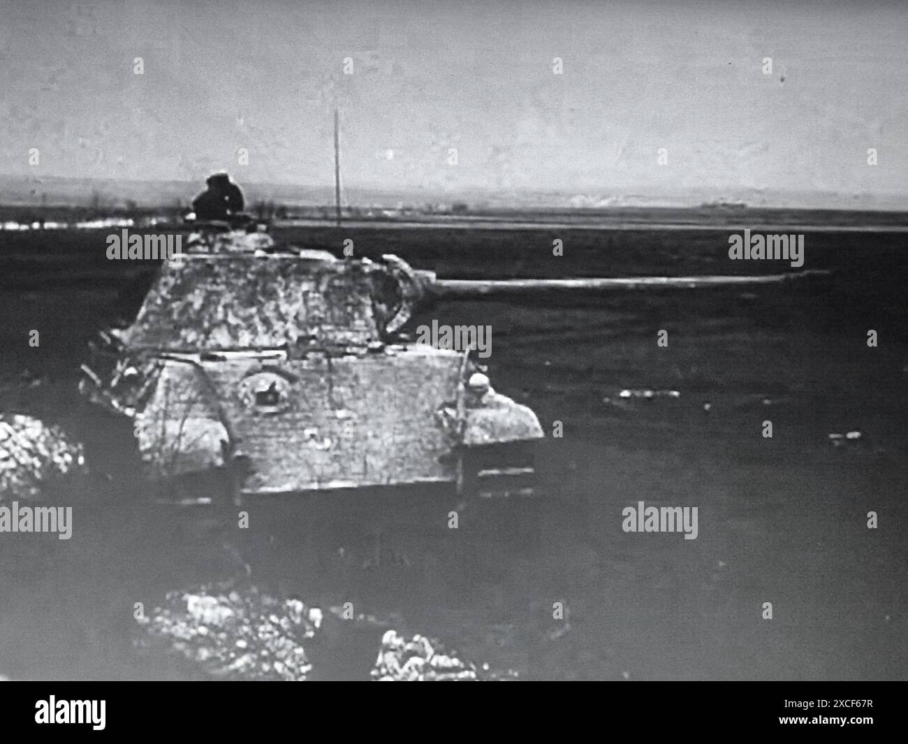 World War Two B&W Screenshot photo . A German Panther Tank about to ...