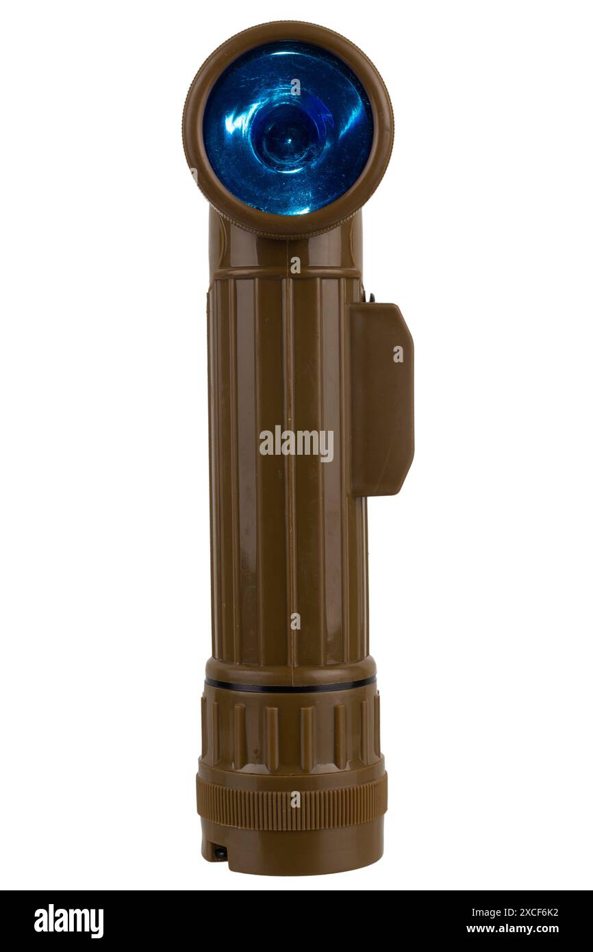 vintage military style flashlight with blue light isolated on white ...