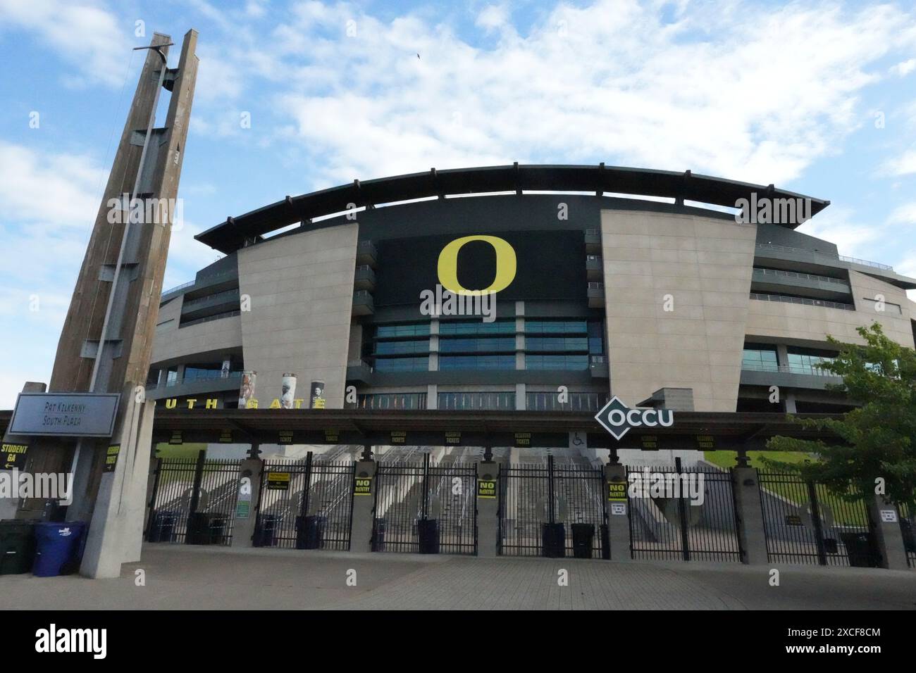 The Oregon Ducks logo the Autzen Stadium facade on the campus of the ...