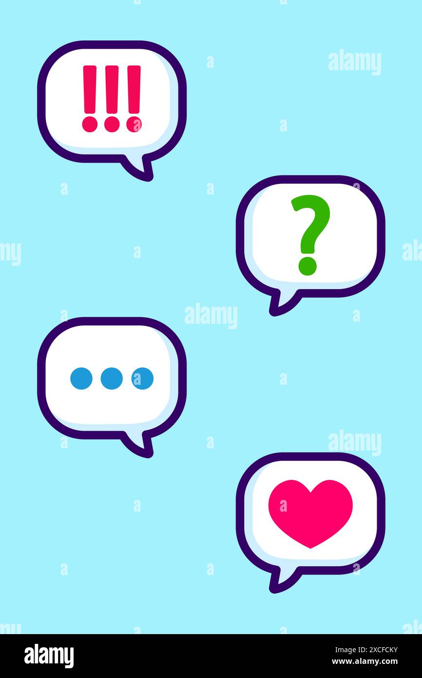 A set of messages. Love message. Various notifications. Question mark ...