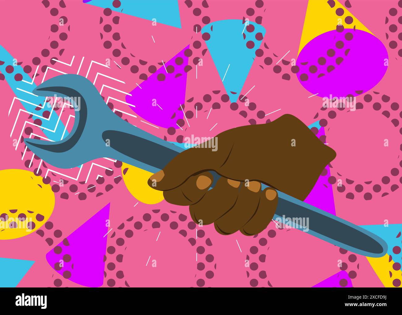 Wrench in hand, geometrical graphic retro theme background. Minimal ...