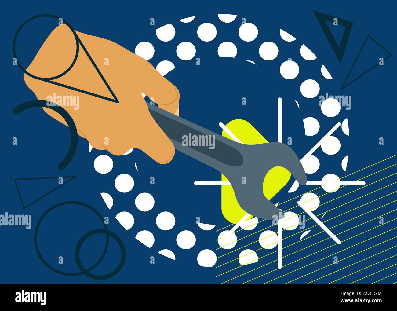 Wrench in hand, geometrical graphic retro theme background. Minimal ...