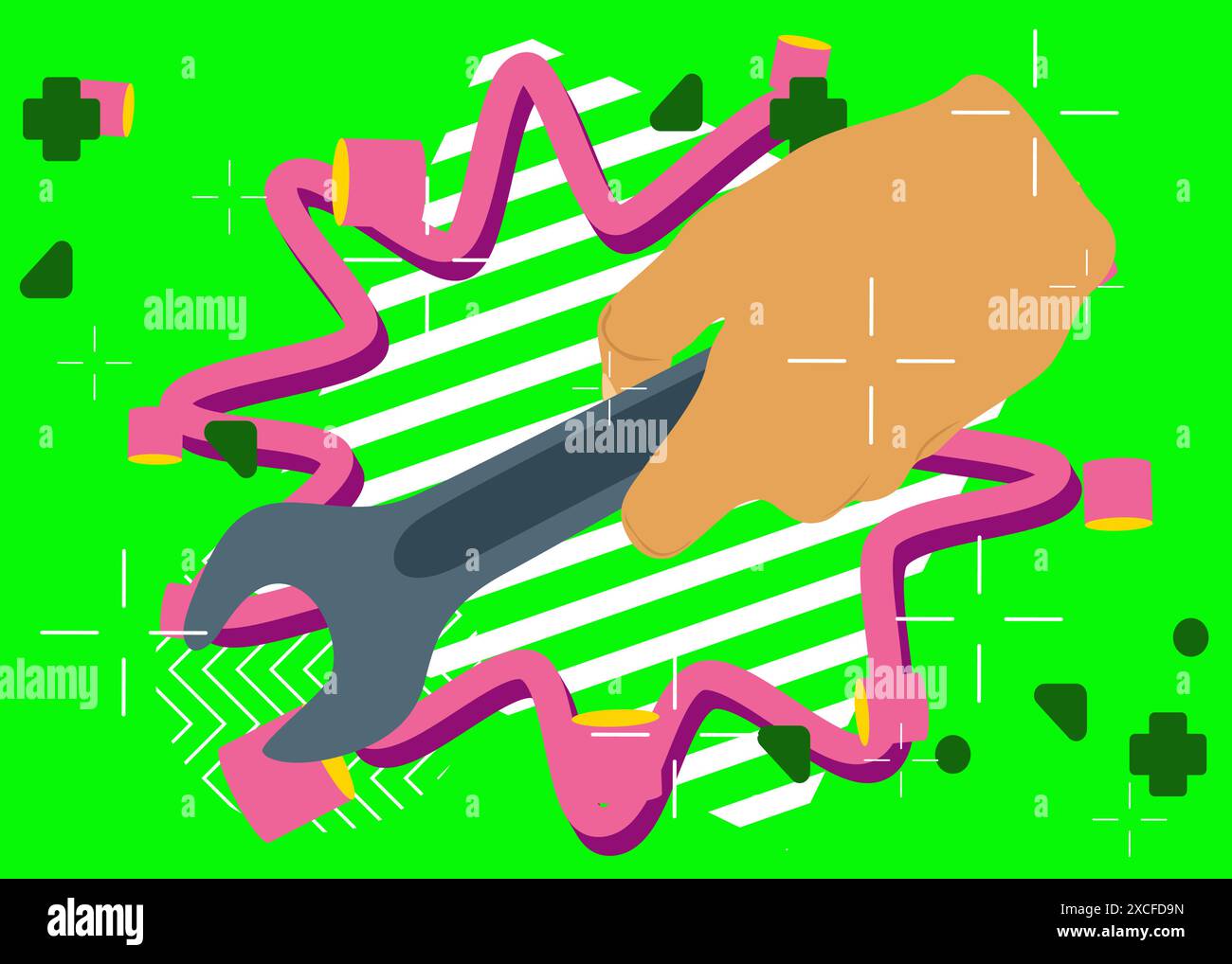 Wrench in hand, geometrical graphic retro theme background. Minimal ...