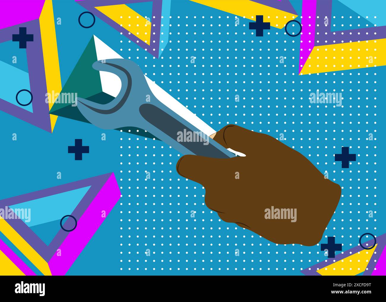 Wrench in hand, geometrical graphic retro theme background. Minimal ...