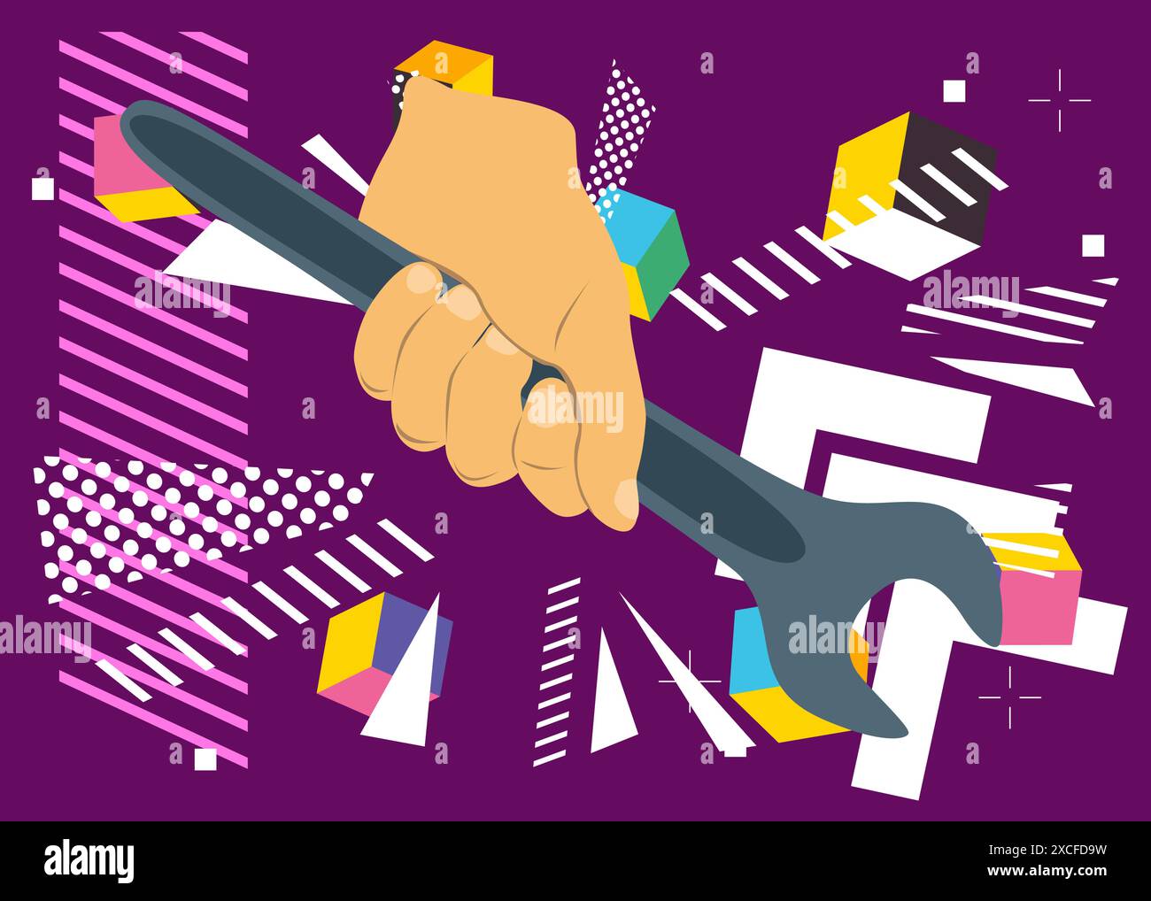 Wrench in hand, geometrical graphic retro theme background. Minimal ...