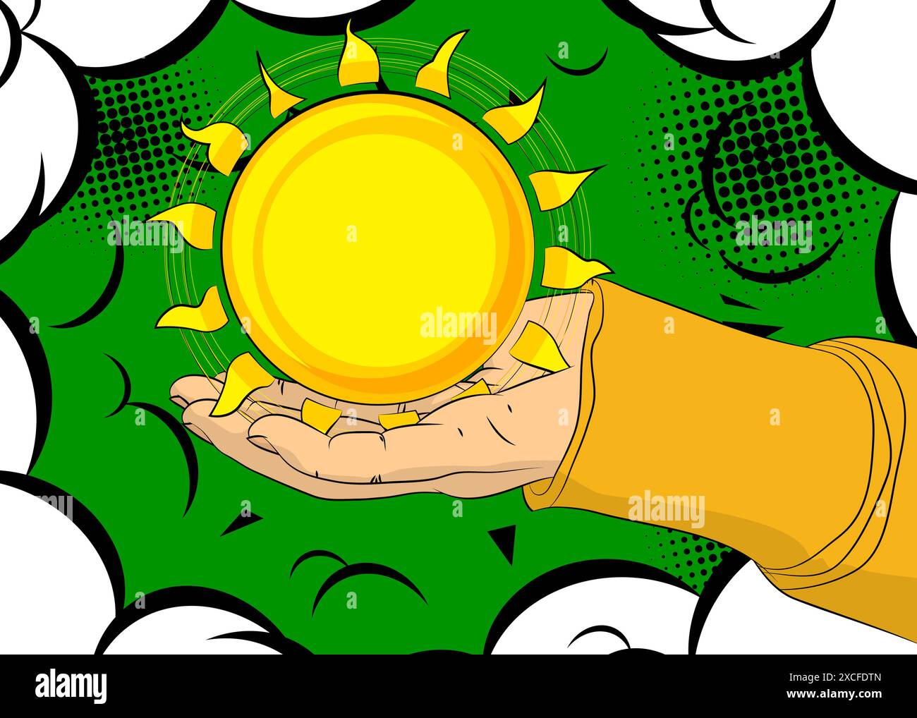 Cartoon, comic book human hands holding Summer Sun. Retro vector comics ...
