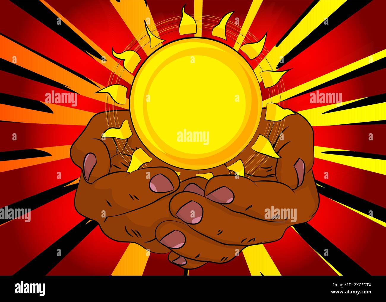 Cartoon, comic book human hands holding Summer Sun. Retro vector comics ...