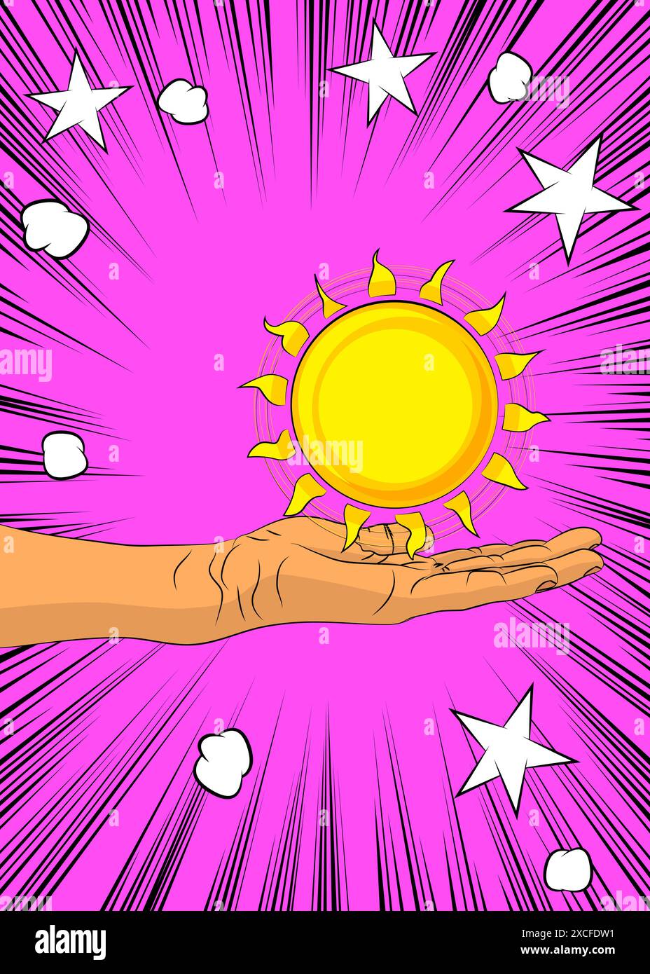 Cartoon, comic book human hands holding Summer Sun. Retro vector comics ...