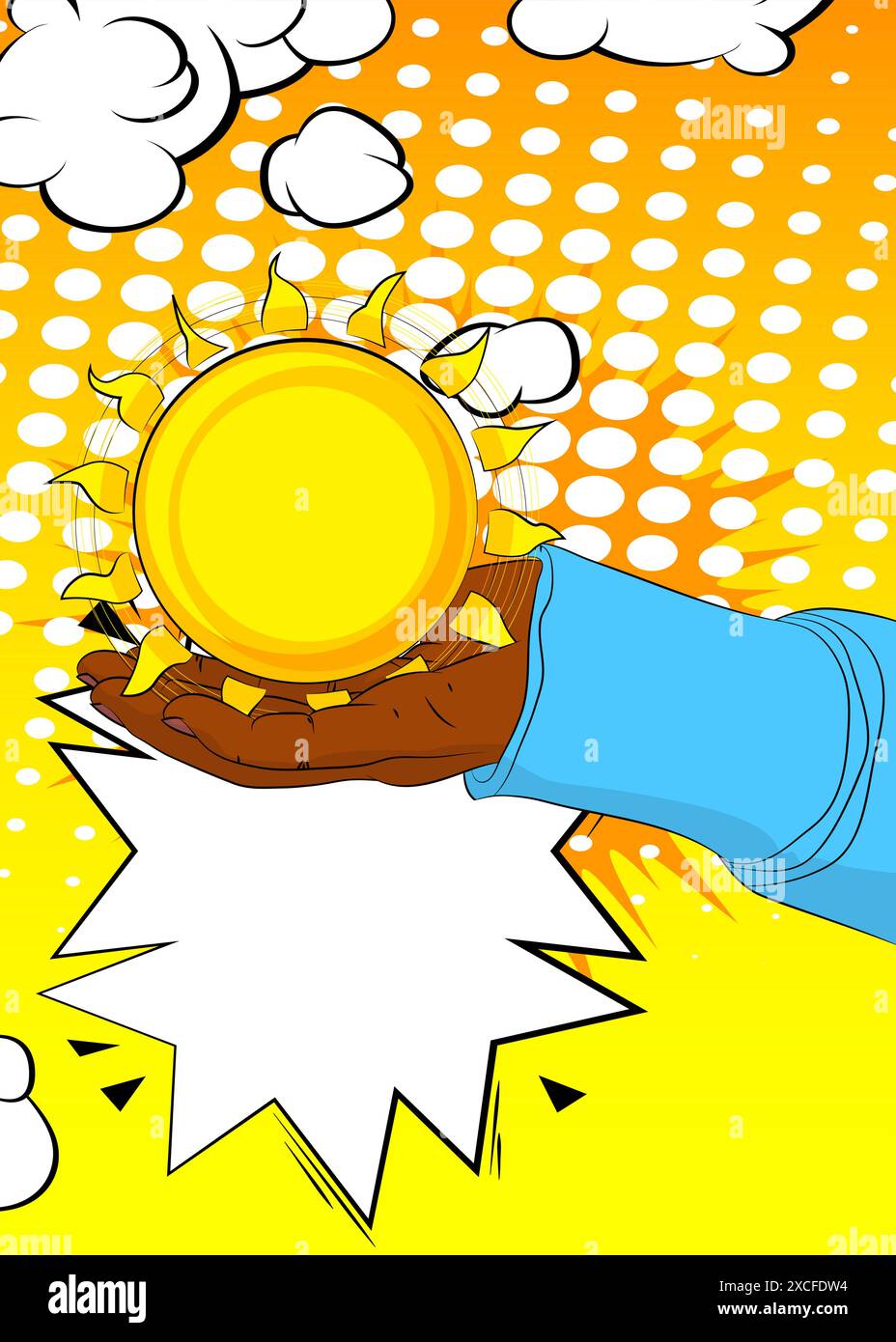 Cartoon, comic book human hands holding Summer Sun. Retro vector comics ...