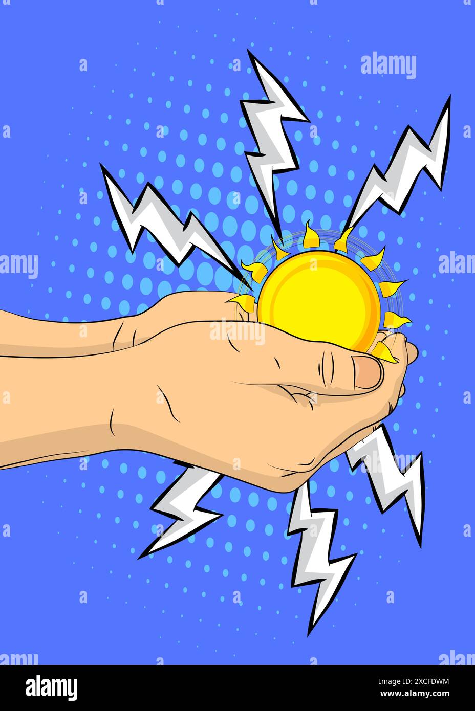 Cartoon, comic book human hands holding Summer Sun. Retro vector comics ...