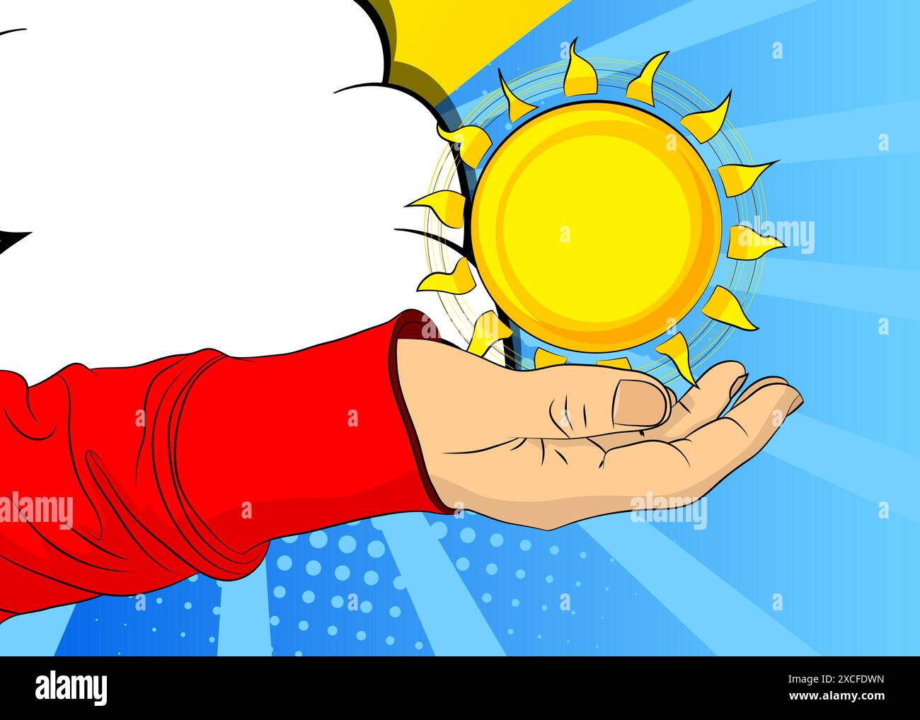 Cartoon, comic book human hands holding Summer Sun. Retro vector comics ...