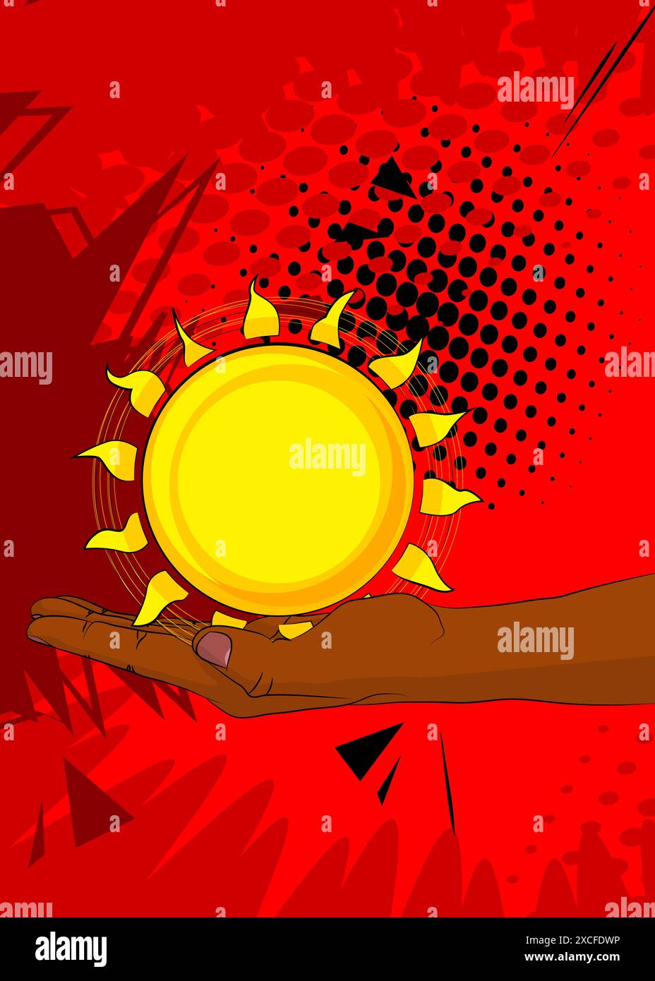 Cartoon, comic book human hands holding Summer Sun. Retro vector comics ...