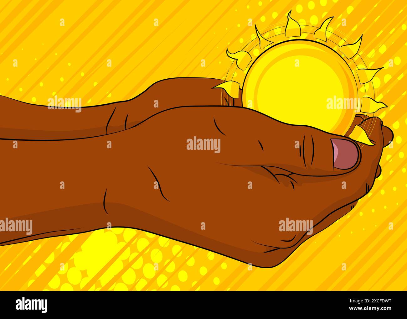 Cartoon, comic book human hands holding Summer Sun. Retro vector comics ...