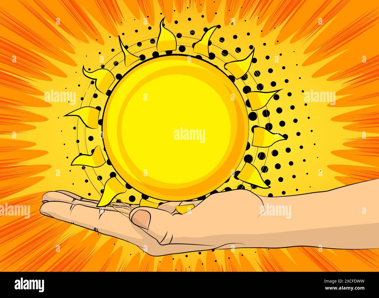 Cartoon, comic book human hands holding Summer Sun. Retro vector comics ...