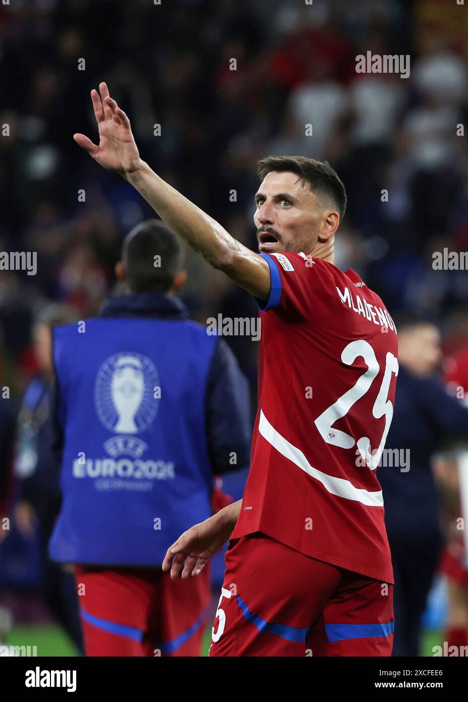 Gelsenkirchen. 16th June, 2024. Filip Mladenovic of Serbia waves to the ...